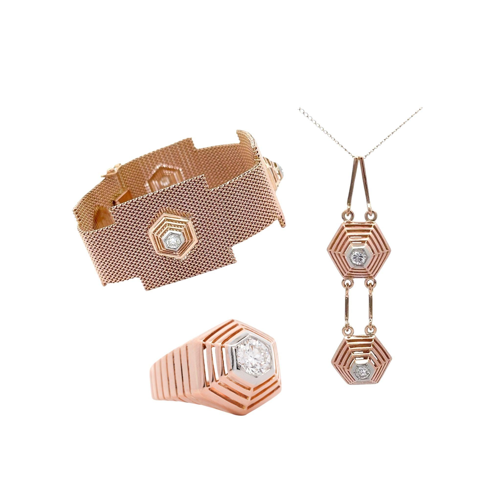 18K Rose Gold Hexagonal Shape Mesh Finish Jewelry Set – ASSAY