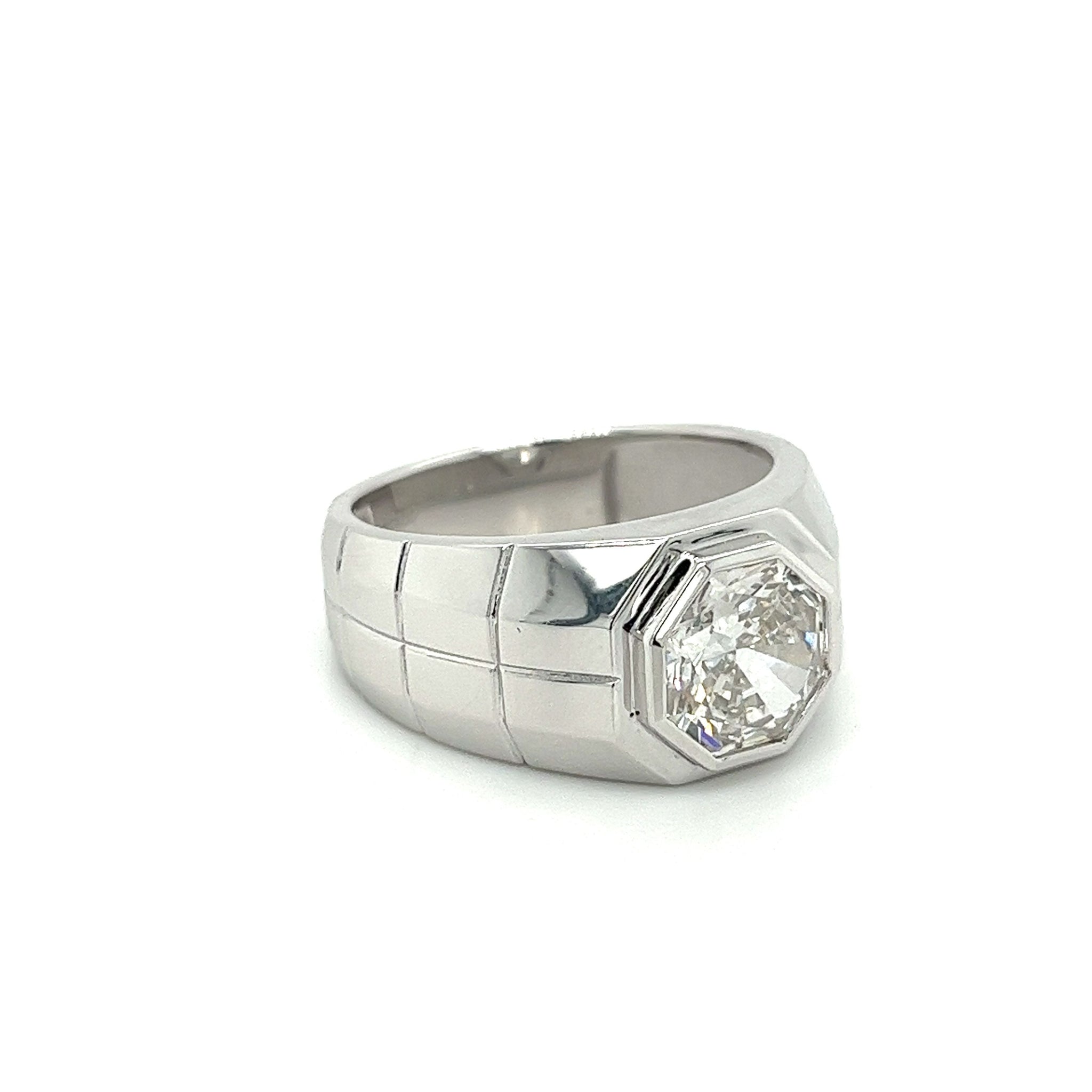 Bezel Set Solitaire 3 Carat Octagon CVD Diamond Mens Ring In Platinum ...